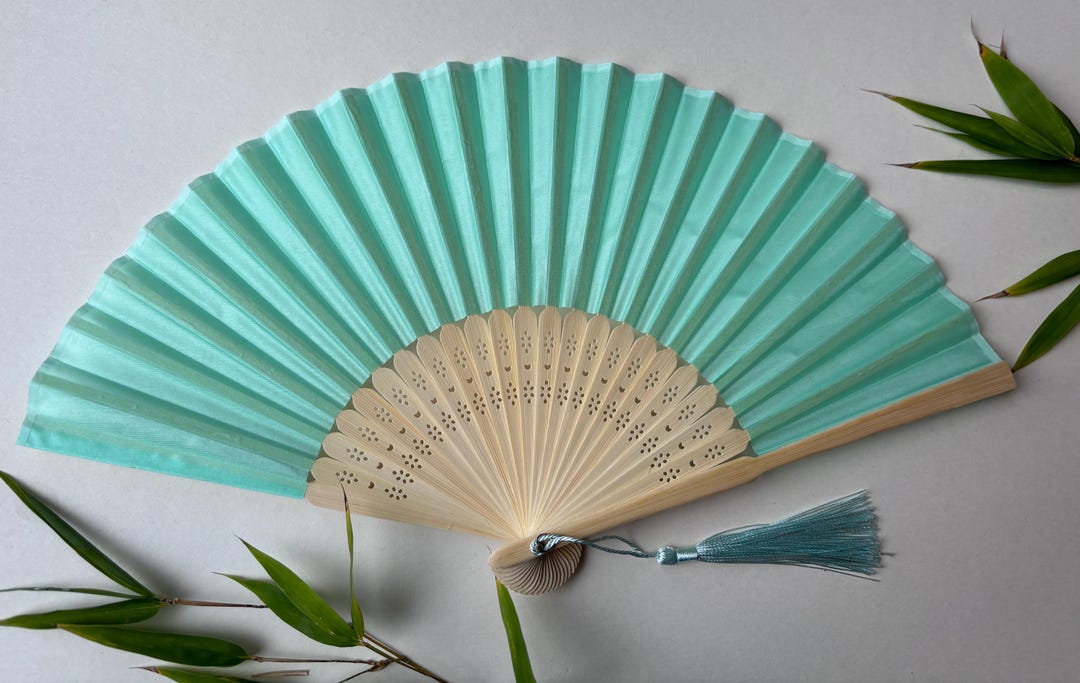 Light Turquoise Fabric Hand Fan With Tassel - Bamboo Ribs (pack of 10 ...