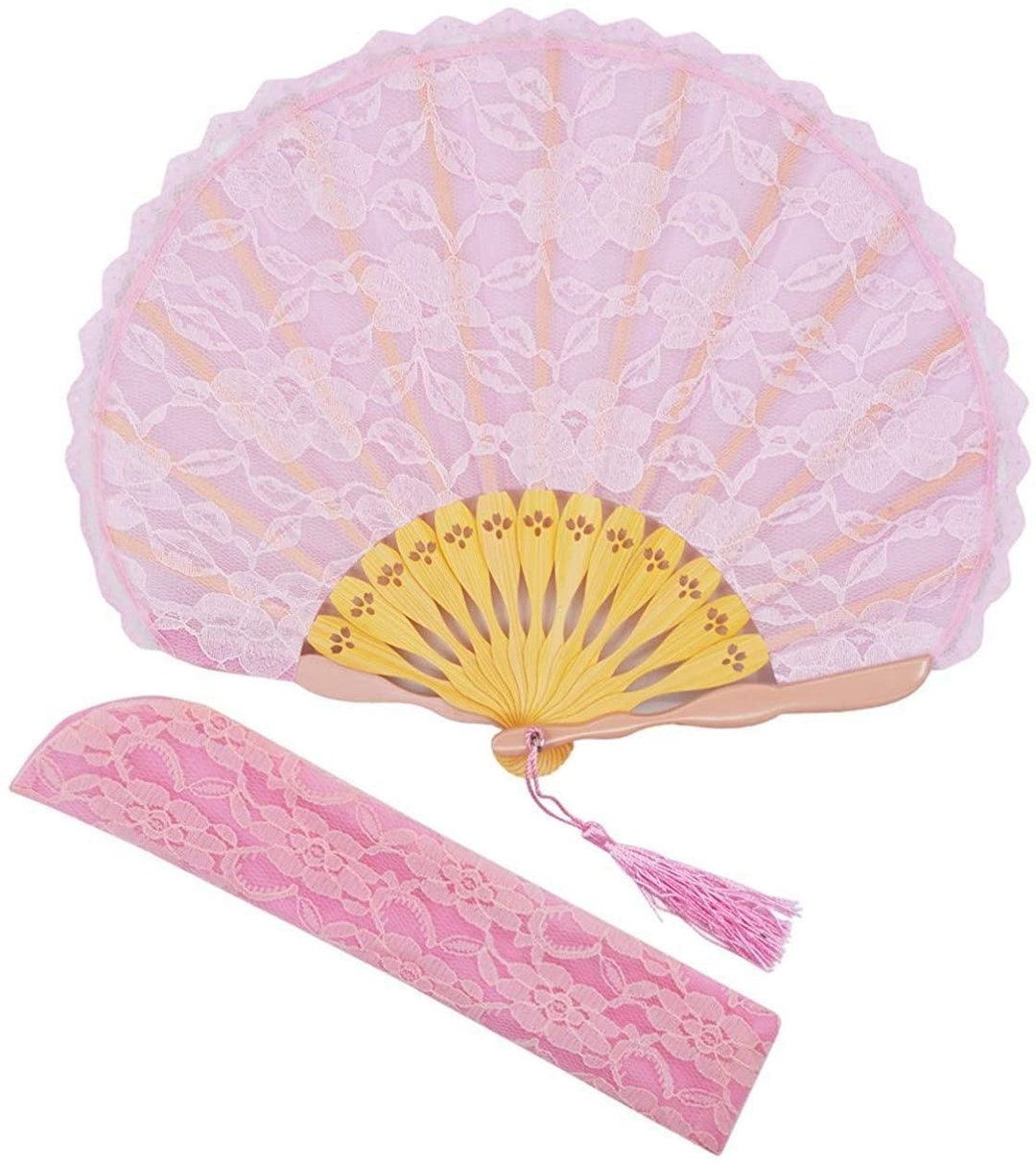 Vintage Pink Lace Hand Fan, Bamboo Ribs Folding Fans With a Tassel and ...