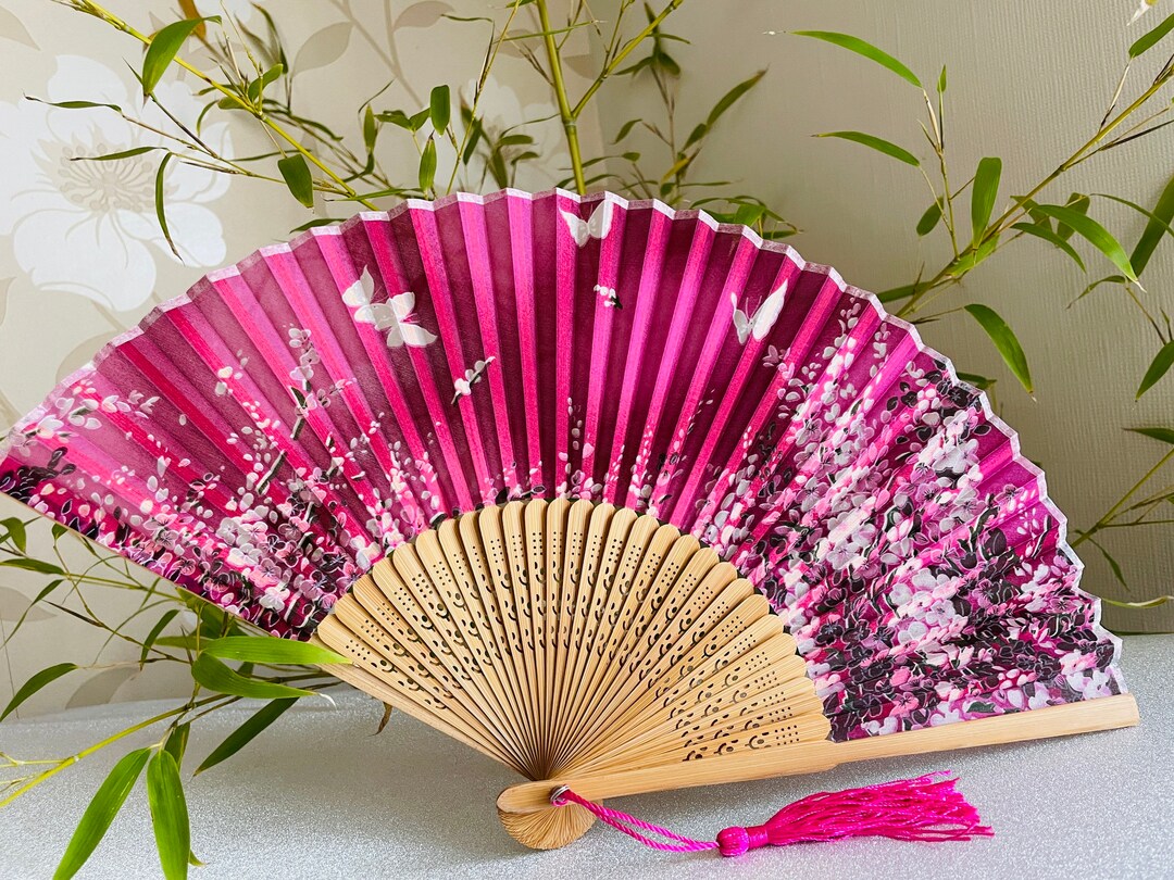 Pink Silk Hand Fan: Bamboo Ribs, Butterfly & Flower Print - Etsy