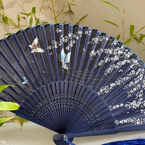 Navy Blue Silk Hand Fan: Butterfly & Flower Print, Bamboo Ribs - Etsy
