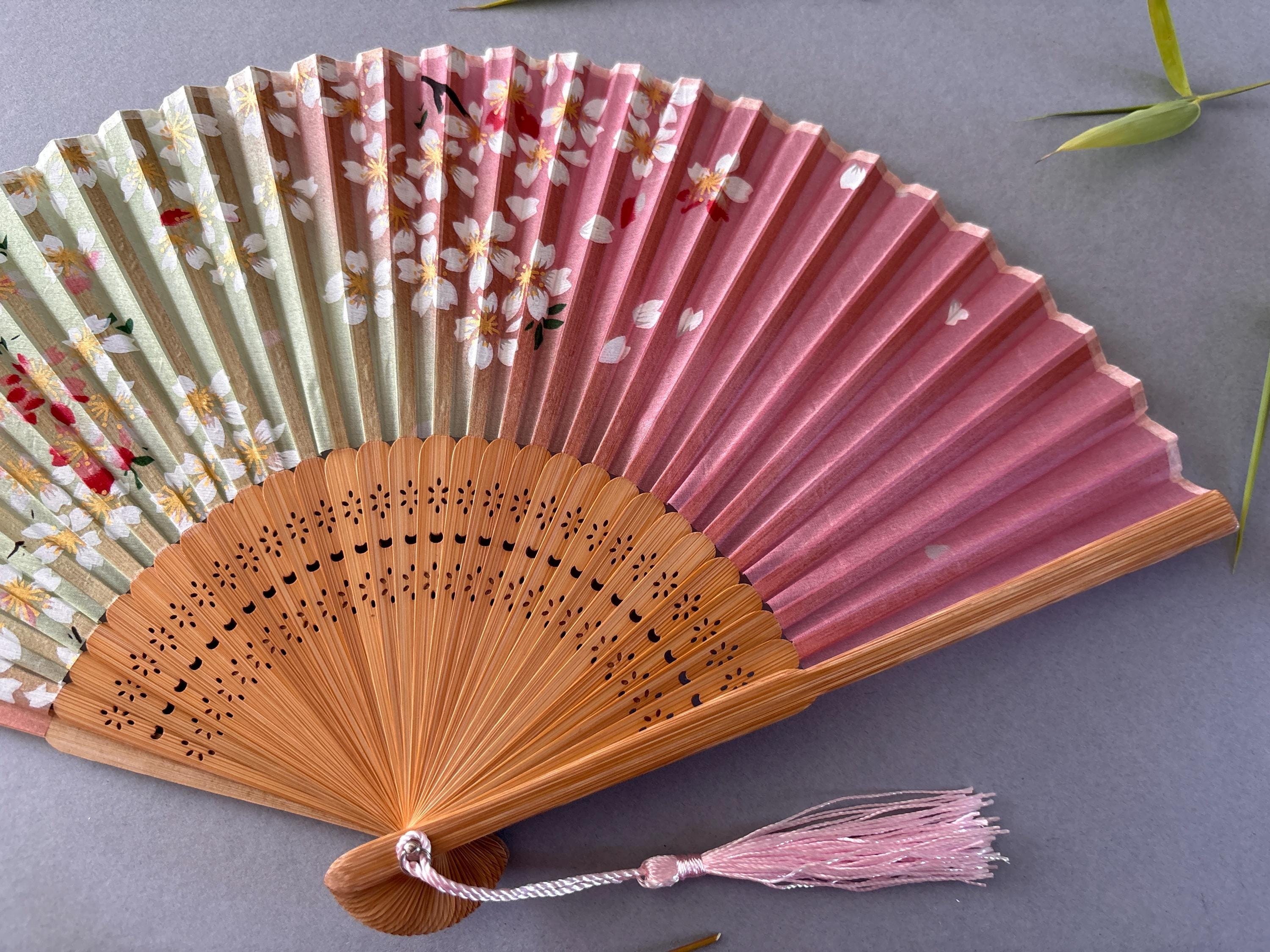 Butterfly Silk Hand Fan: Pink & Green Floral Print, Bamboo Ribs - Etsy