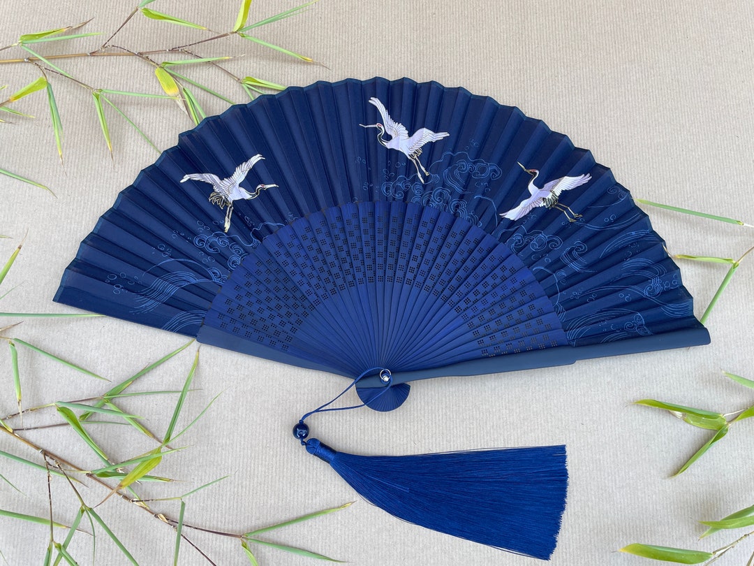 Dark Blue Folding Hand Fan: Crane Bird Artwork, Pouch & Gift Box - Etsy