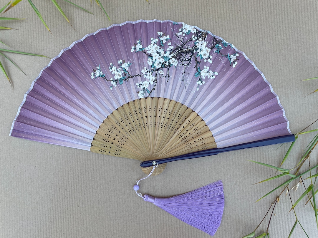 Purple Folding Hand Fan: Flower Branch Artwork, Gift Box & Pouch - Etsy