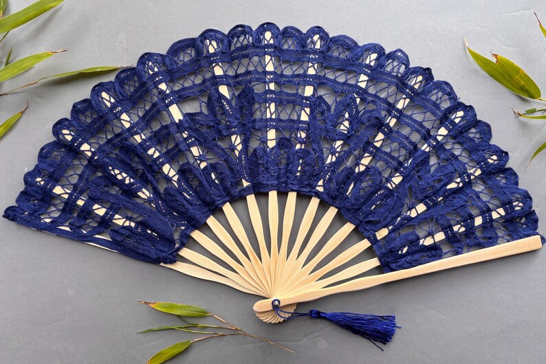 Navy Blue Battenberg Lace Hand Fan Brown , Bridal, Dance, Party Favors ...