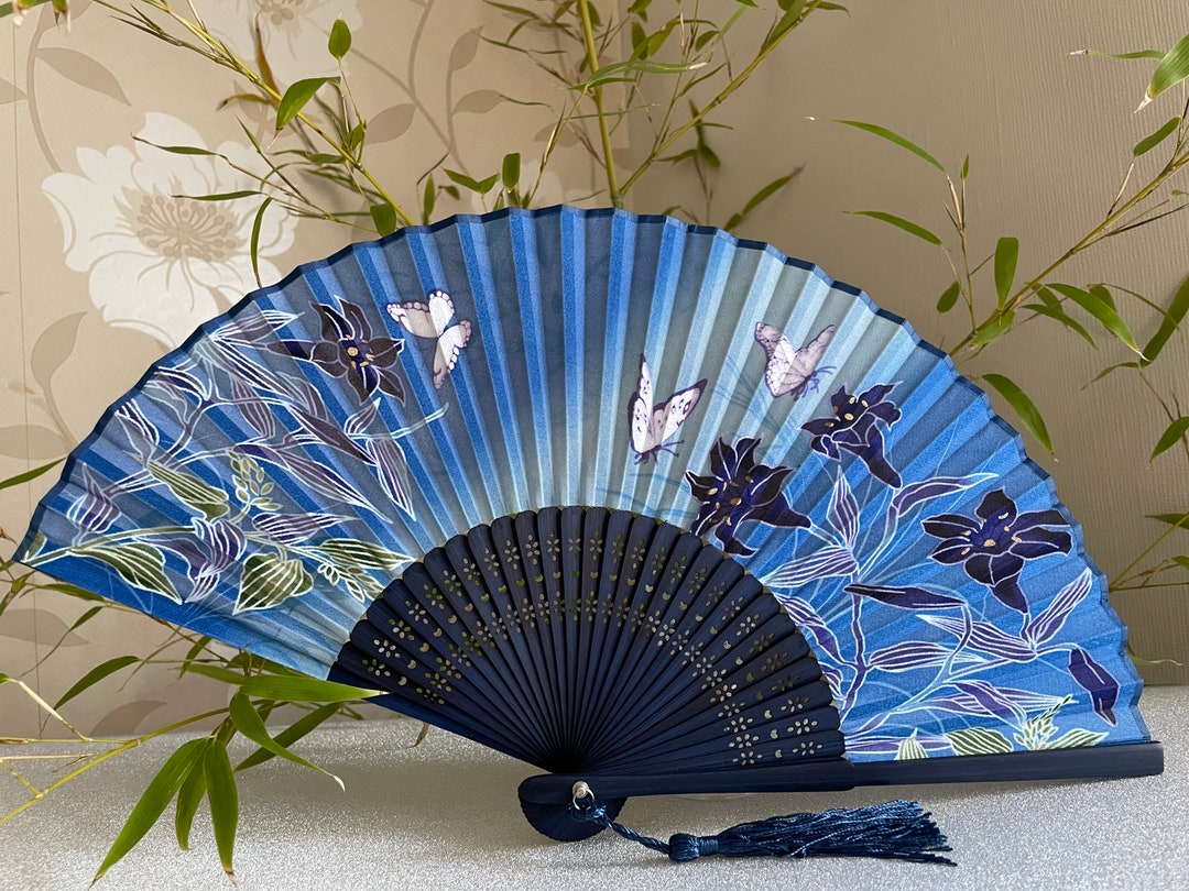 Blue Silk Hand Fan: Bamboo Ribs, Butterfly & Flower Print - Etsy