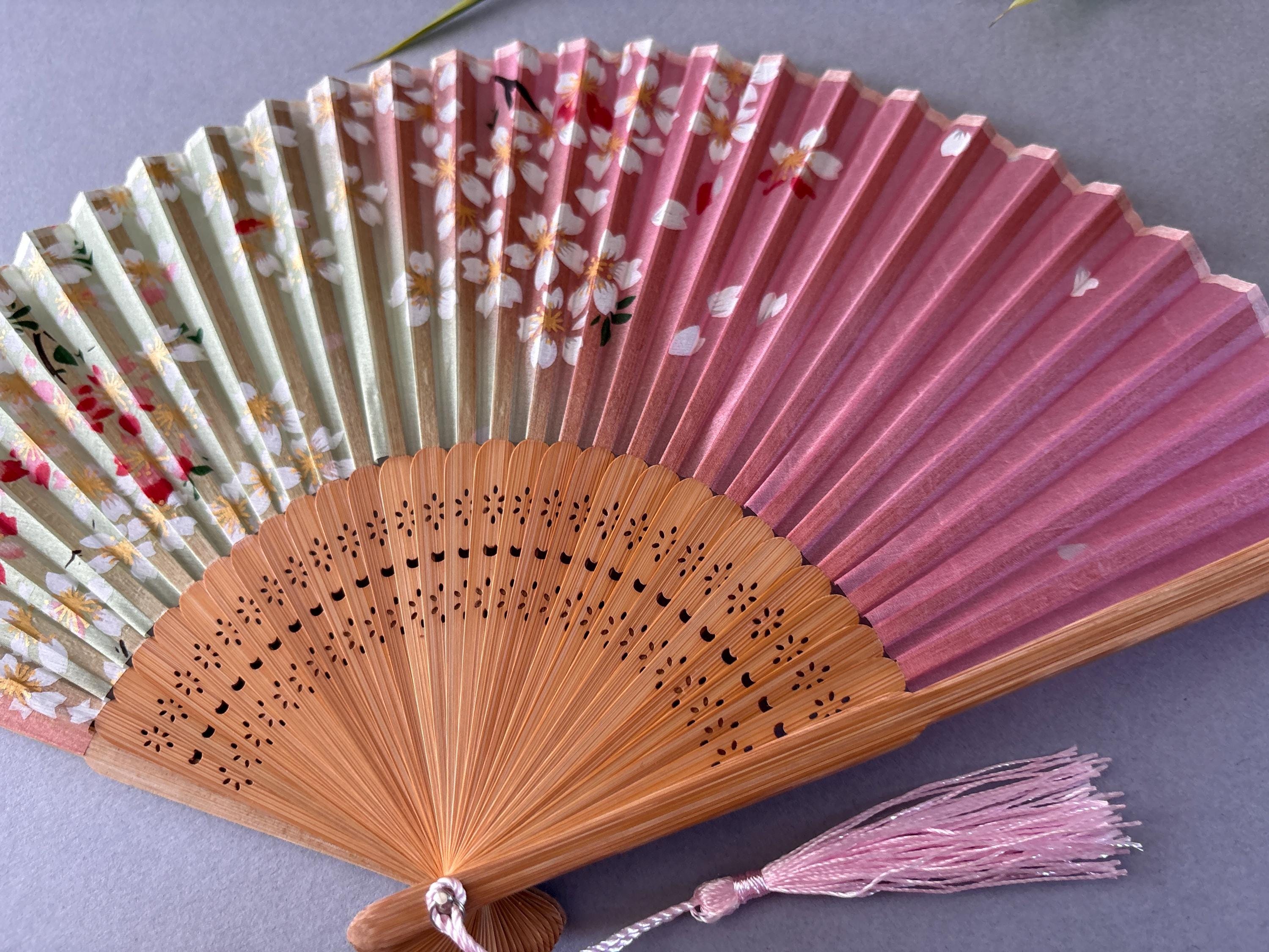 Butterfly Silk Hand Fan: Pink & Green Floral Print, Bamboo Ribs - Etsy