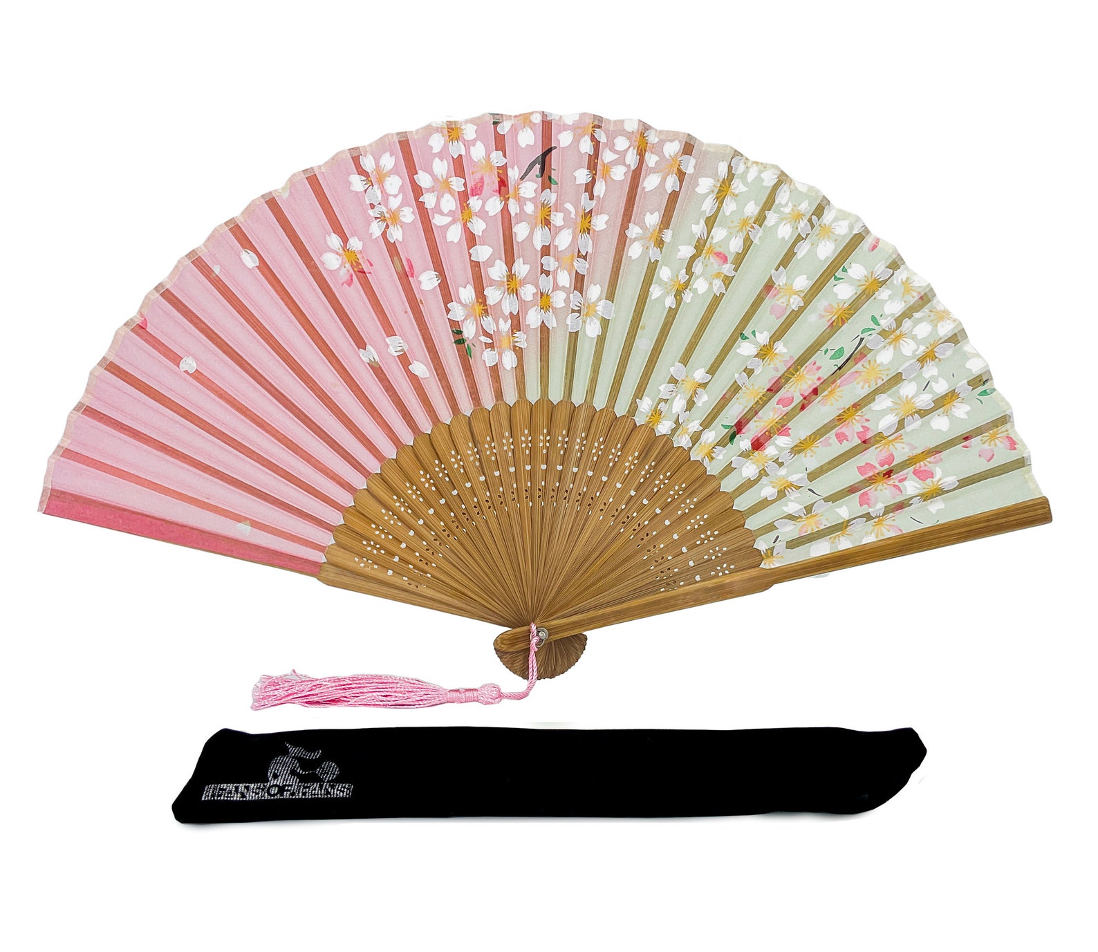 Butterfly Silk Hand Fan: Pink & Green Floral Print, Bamboo Ribs - Etsy