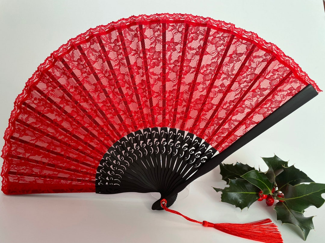 Vintage Red Lace Hand Fan, Bamboo Ribs Folding Fans With a Tassel & a ...