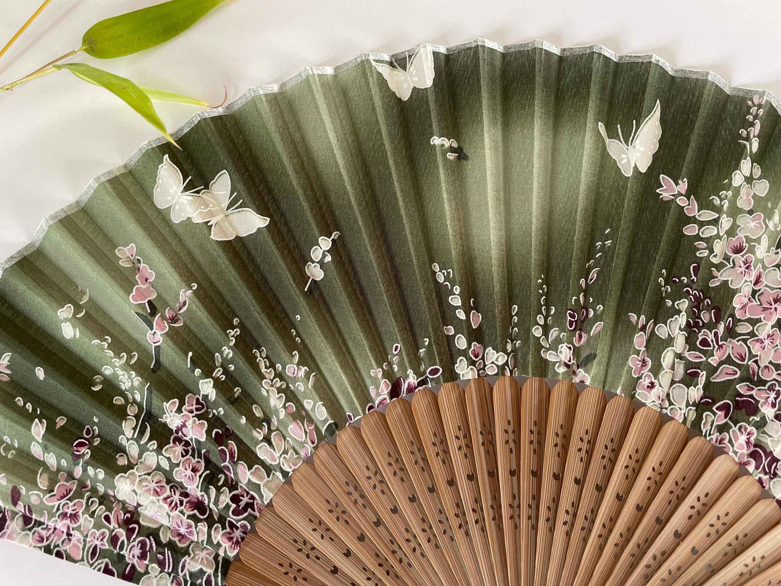Olive Green Silk Hand Fan: Butterfly & Flower Print, Bamboo Ribs - Etsy