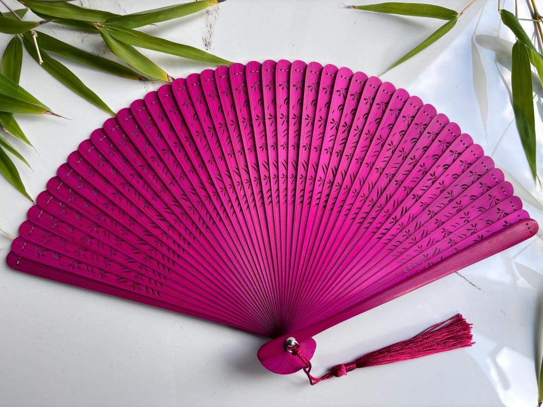 HIGH QUALITY Hand Fan Dragonfly Pattern Engraved Deep Pink Hand Fan ...