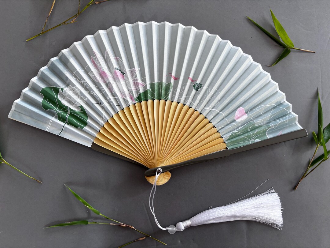 Lotus Silk Folding Fan: Handcrafted Gift Box & Pouch - Etsy