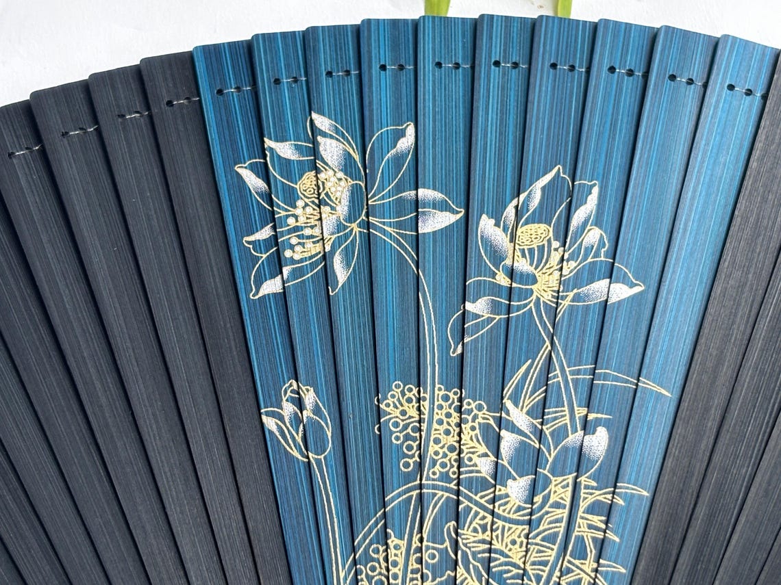 Bamboo Hand Fan: Black & Blue Lotus Flower Print - Etsy