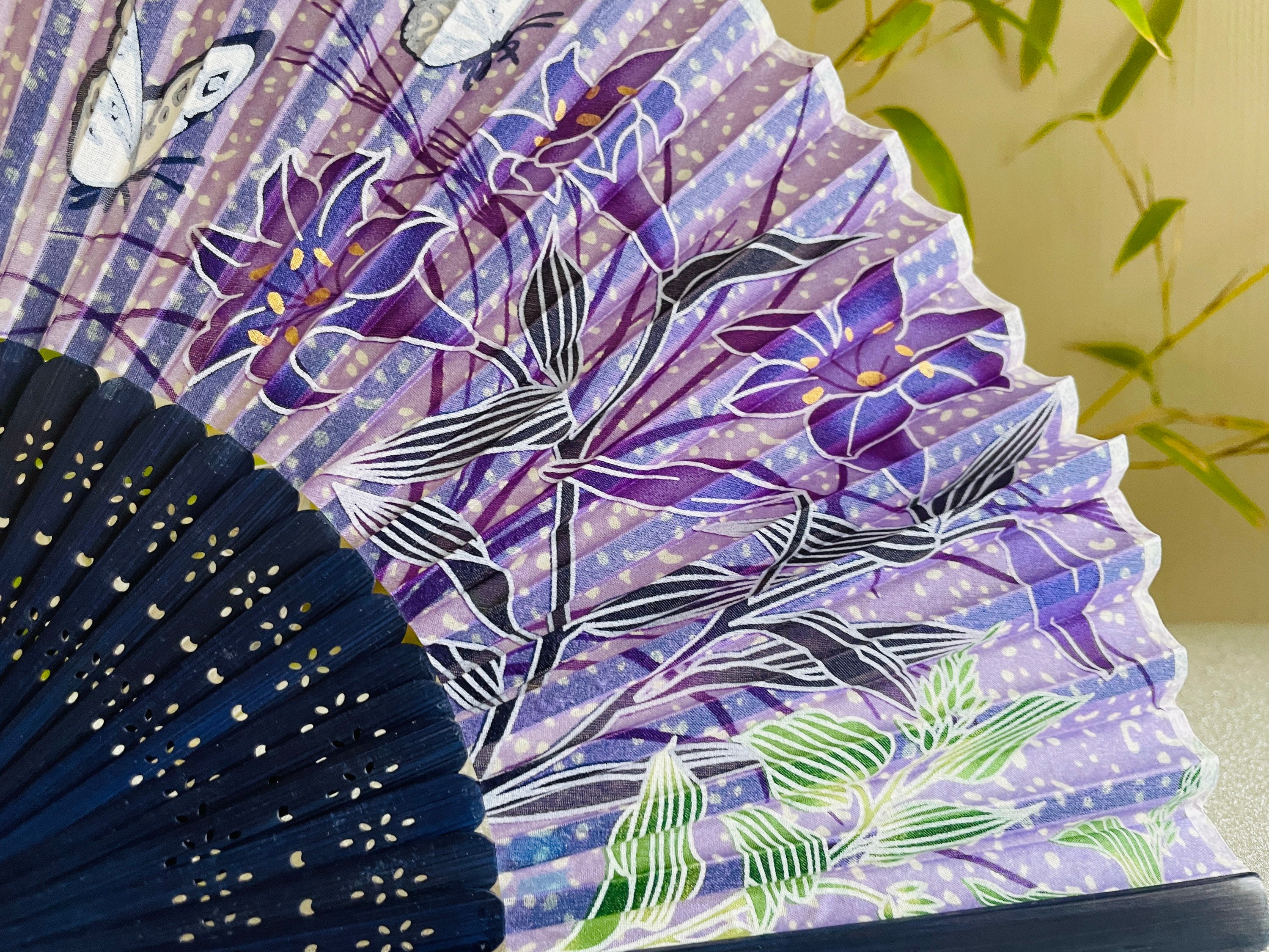 Purple Silk Hand Fan: Bamboo Ribs, Butterfly & Flower Print - Etsy