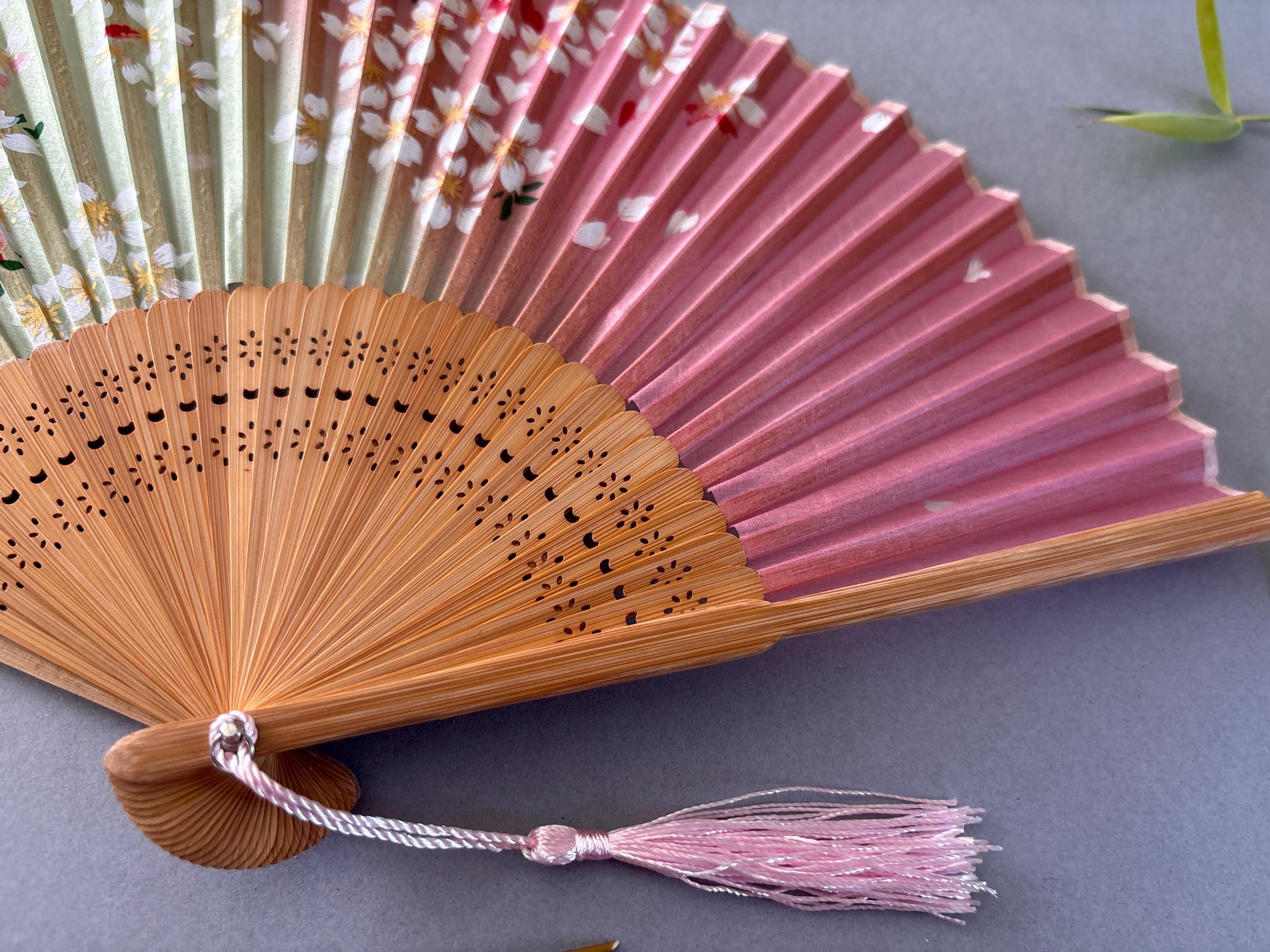 Butterfly Silk Hand Fan: Pink & Green Floral Print, Bamboo Ribs - Etsy
