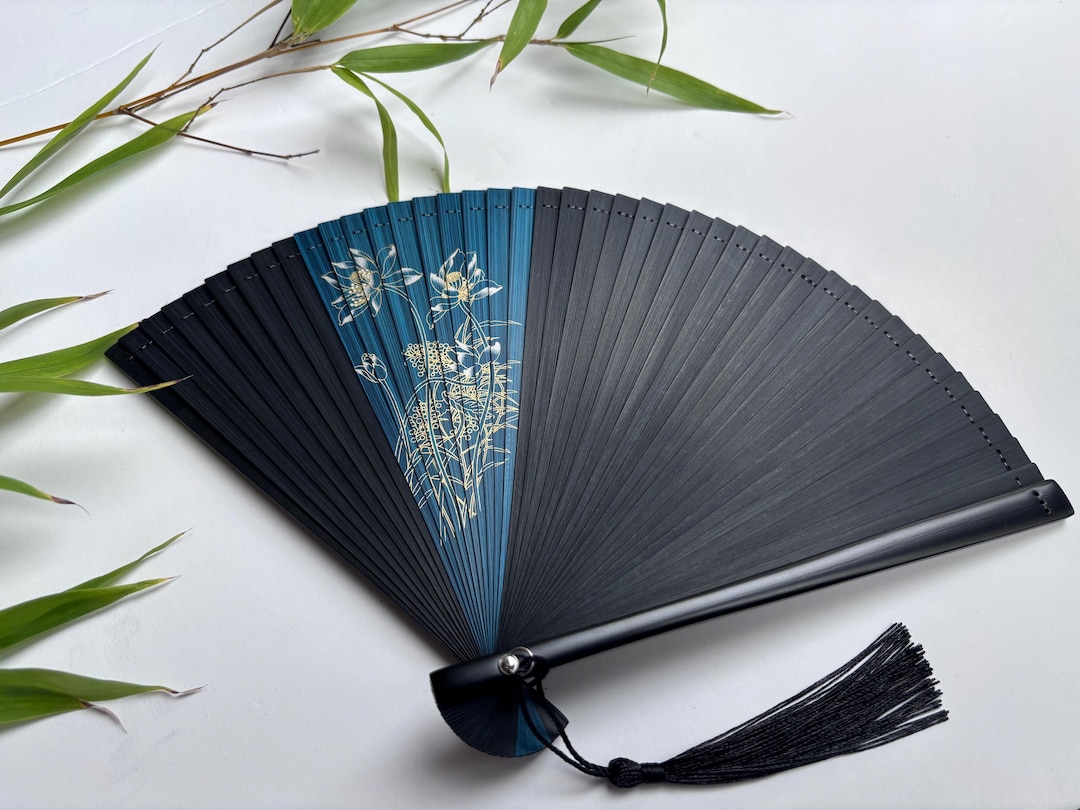 Bamboo Hand Fan: Black & Blue Lotus Flower Print - Etsy