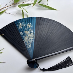 Bamboo Hand Fan: Black & Blue Lotus Flower Print - Etsy