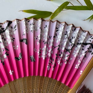 1 X Pink Silk Fabric Sakura Flowers and Butterflies Handheld Folding ...