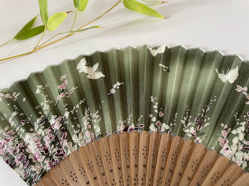 Olive Green Silk Hand Fan: Butterfly & Flower Print, Bamboo Ribs - Etsy