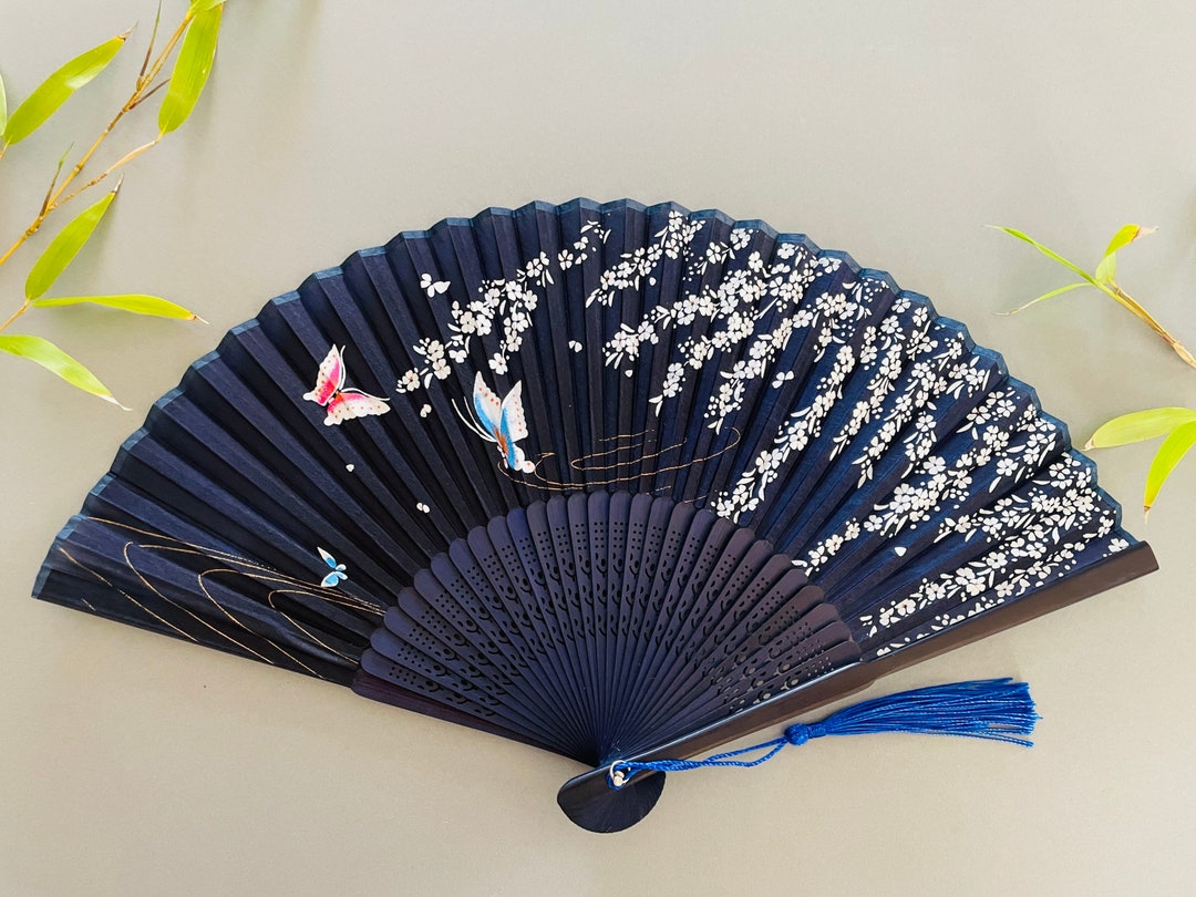 Butterfly Print Silk Hand Fan: Navy Blue Bamboo Ribs - Etsy