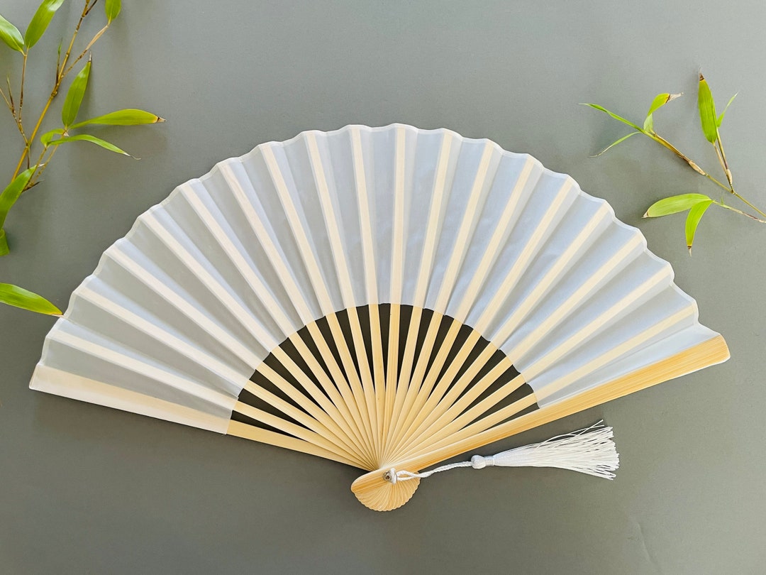 White Fabric Hand Fan With a White Colour Tassel Grade A Bamboo Ribs ...