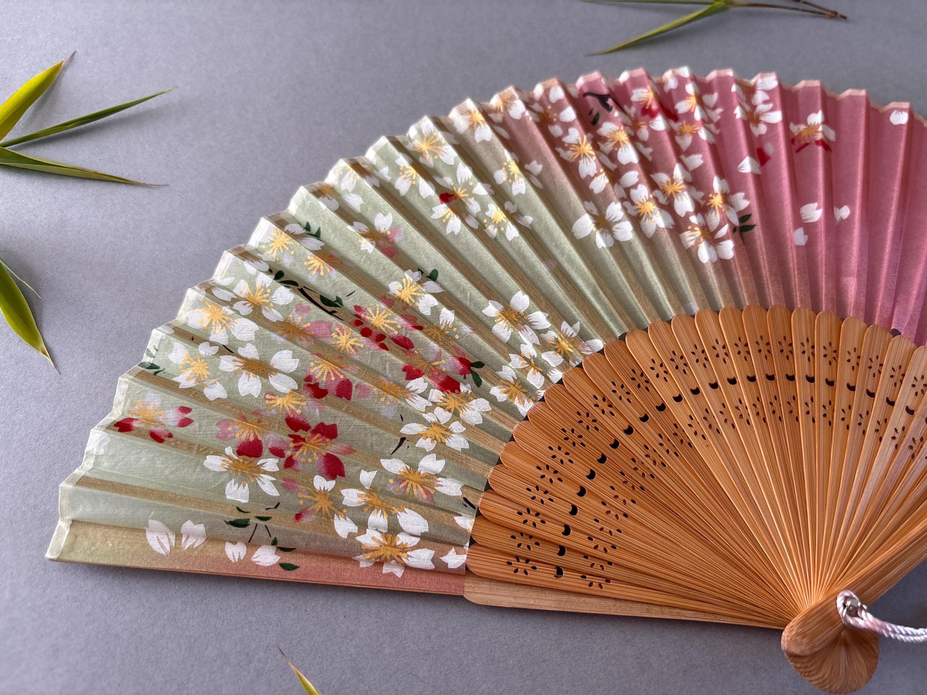 Butterfly Silk Hand Fan: Pink & Green Floral Print, Bamboo Ribs - Etsy