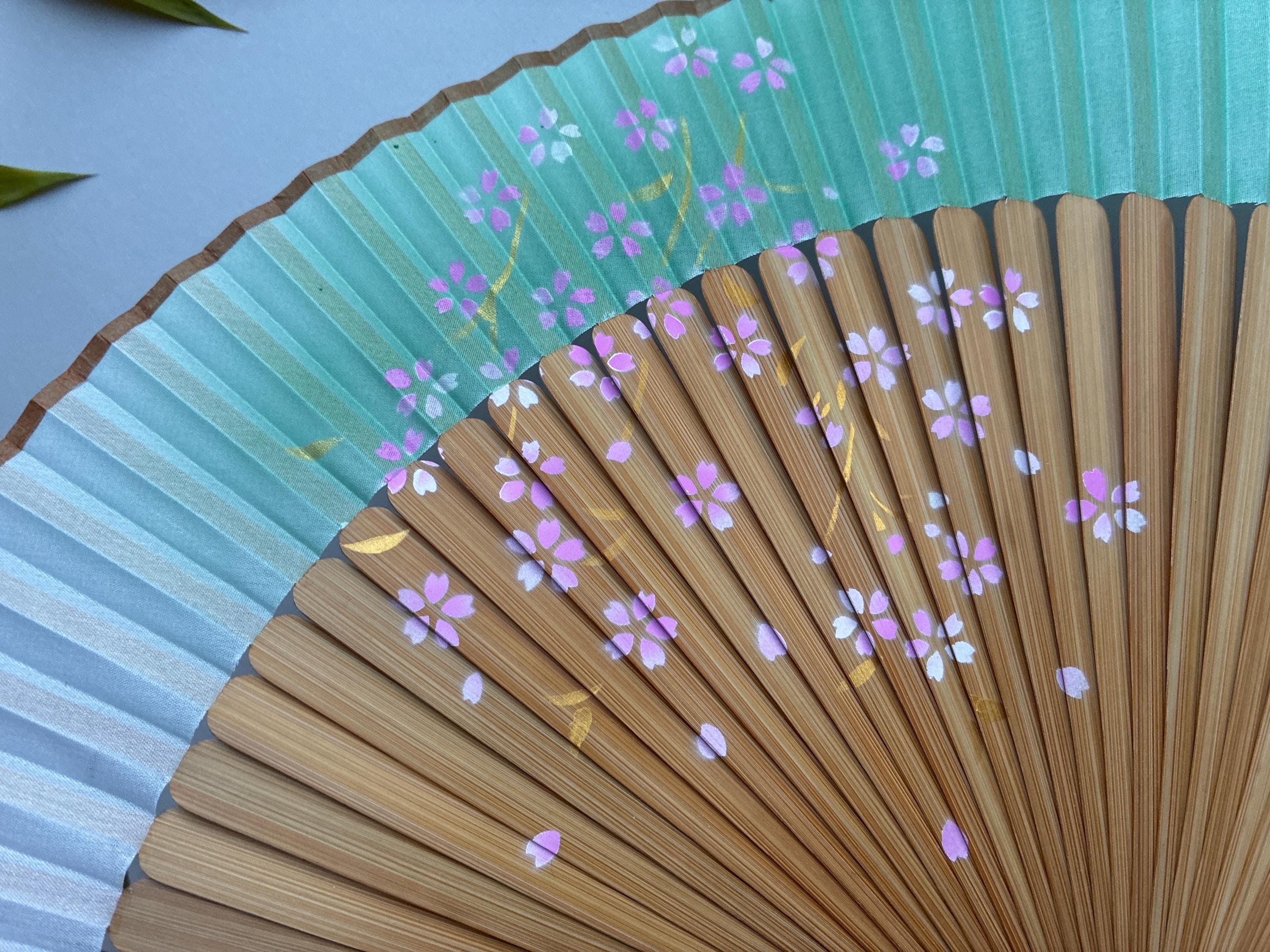 Light Turquoise With Sakura Pink Flowers Silk Hand Fan: Engraved Bamboo ...