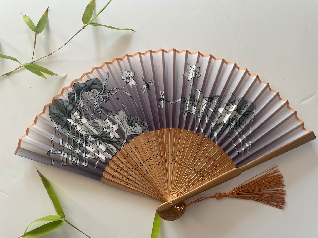 Lotus Flowers and Dragon Flies Print Handheld Folding Hand Fan , Silk ...