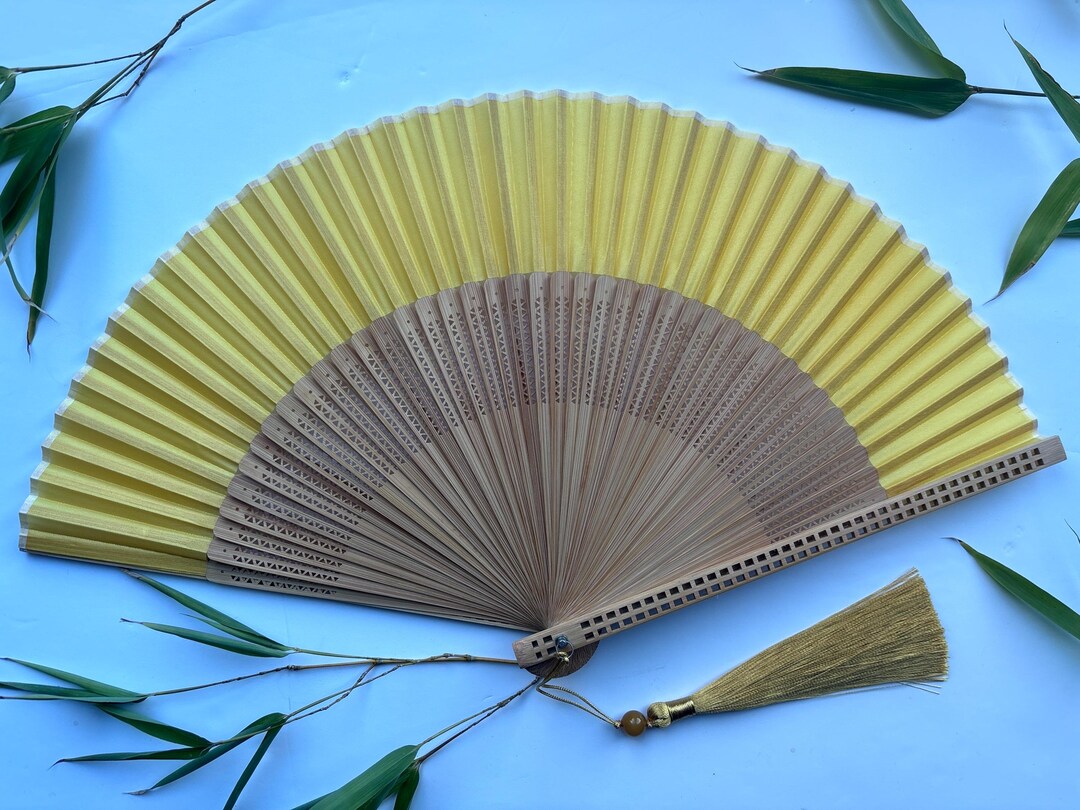 Mustard Yellow Hand Fan: Carved Bamboo Ribs With Tassel, Pouch & Gift ...
