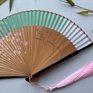 Light Turquoise With Sakura Pink Flowers Silk Hand Fan: Engraved Bamboo ...