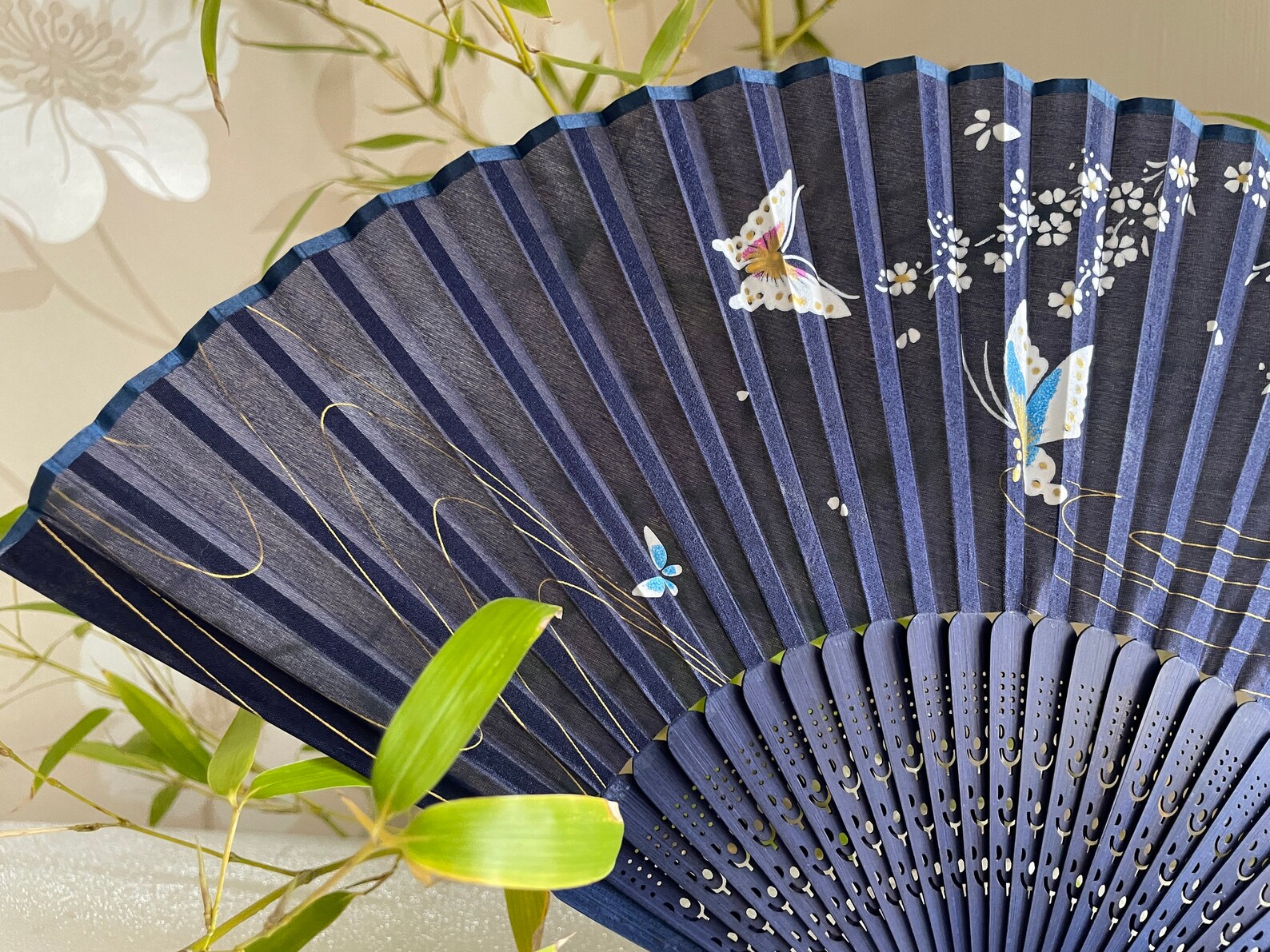 Navy Blue Silk Hand Fan: Butterfly & Flower Print, Bamboo Ribs - Etsy