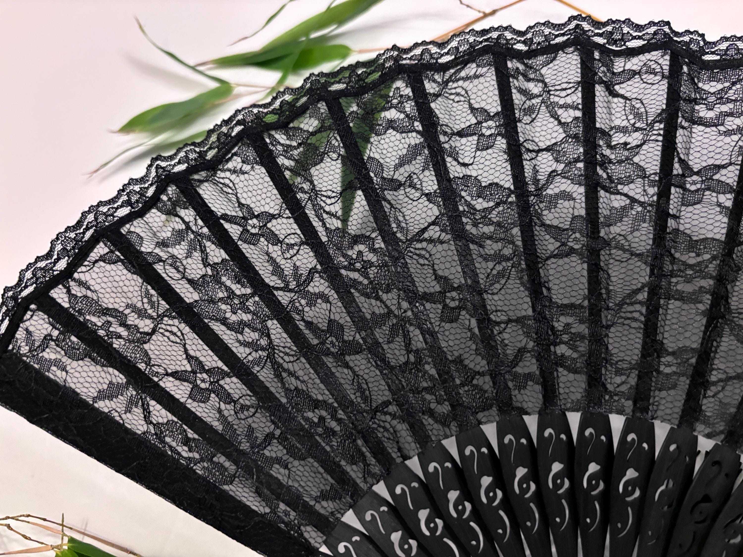 Vintage Black Lace Hand Fan, Bamboo Ribs Folding Fans With a Tassel & a ...