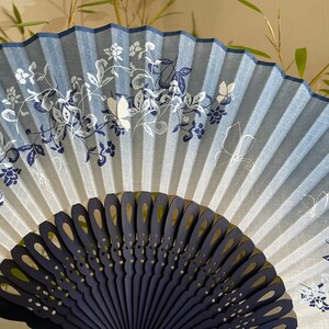 Blue Shades and White Flowers Cotton Fabric Hand With Bamboo Ribs Hand ...