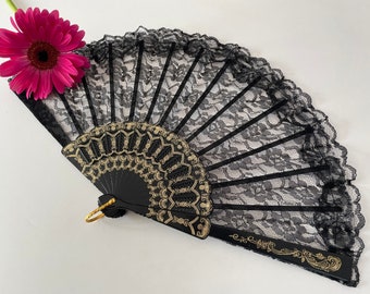 Large Victorian Black Silk & Lace Hand Fan, Antique 1890s Carved Wood ...