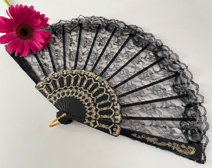 Large Victorian Black Silk & Lace Hand Fan, Antique 1890s Carved Wood ...