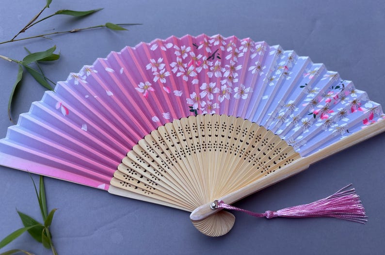 Sakura Flower Design Silk Hand Fan: Pink, White & Gold Flowers ...