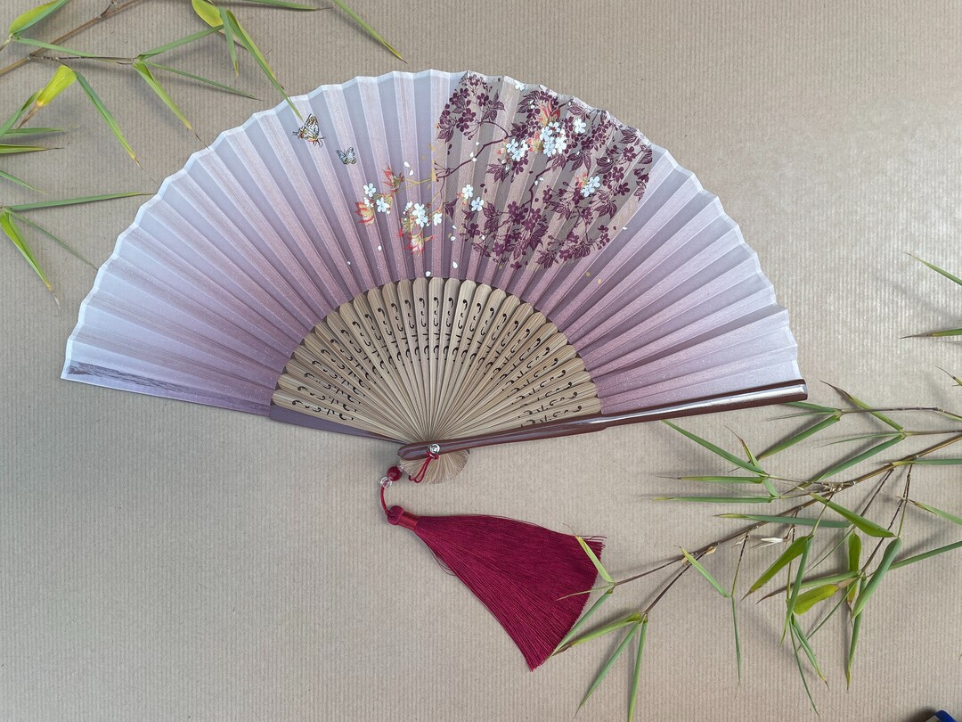 Maroon Folding Hand Fan: Floral Artwork, Gift Pouch & Box - Etsy