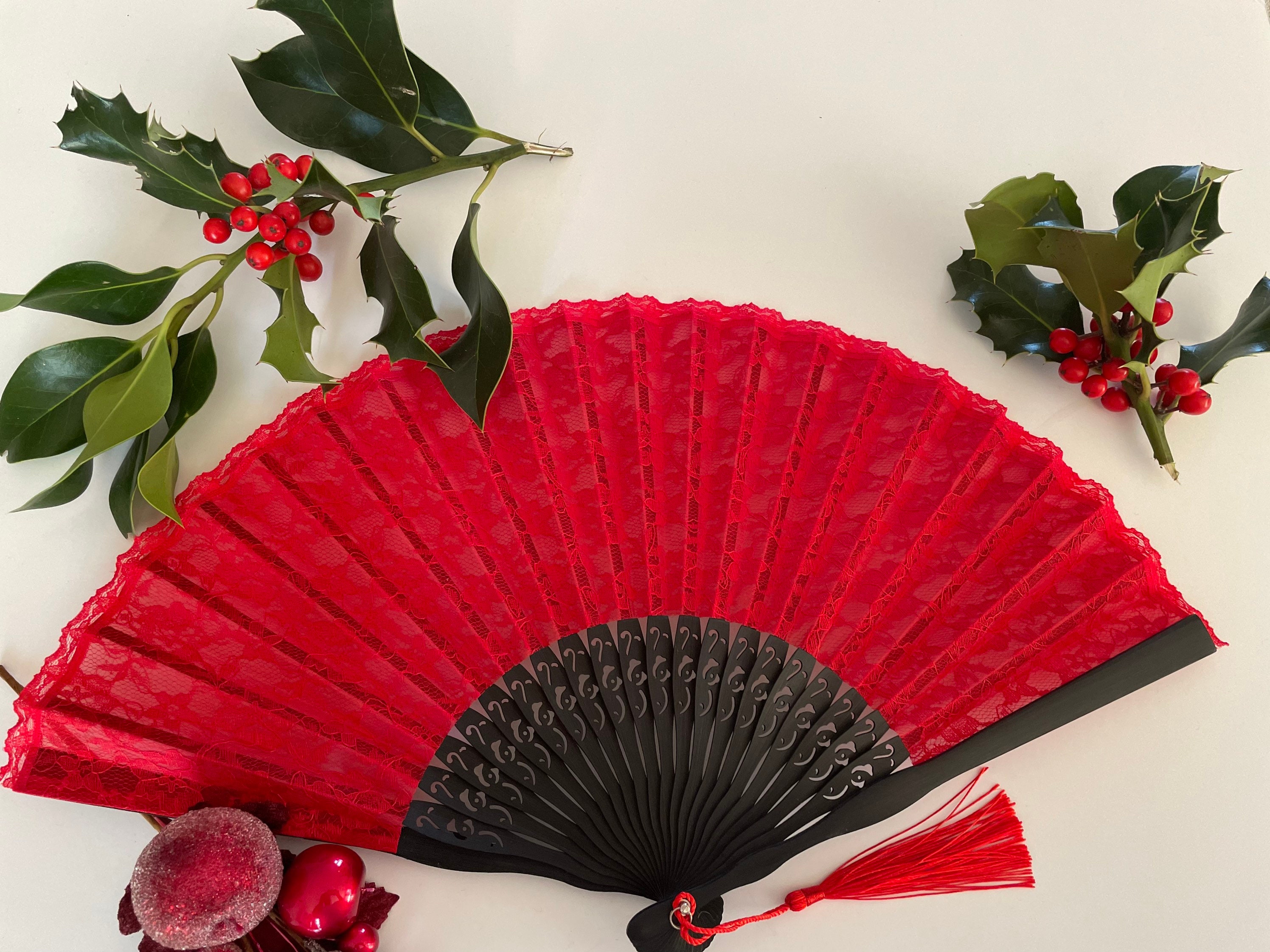Red Lace Hand Fan With Tassel | Bamboo Folding Spanish Style Bridal ...