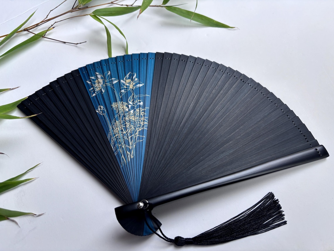 Bamboo Hand Fan: Black & Blue Lotus Flower Print - Etsy