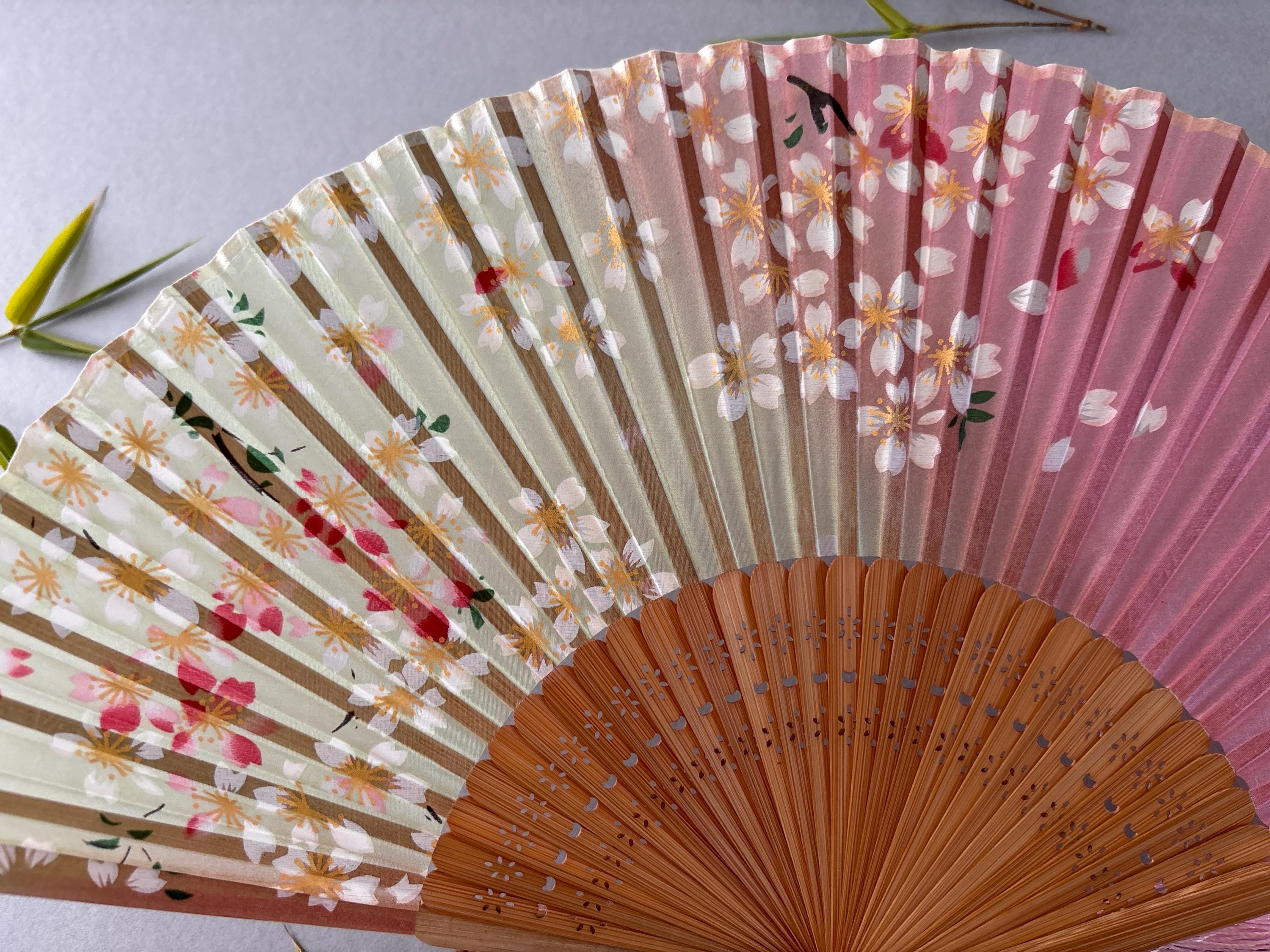 Butterfly Silk Hand Fan: Pink & Green Floral Print, Bamboo Ribs - Etsy