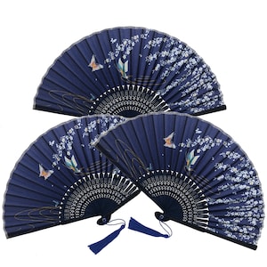 Blue Silk Fabric Dark Blue Bamboo Ribs Hand Held Fan With a Pouch ...