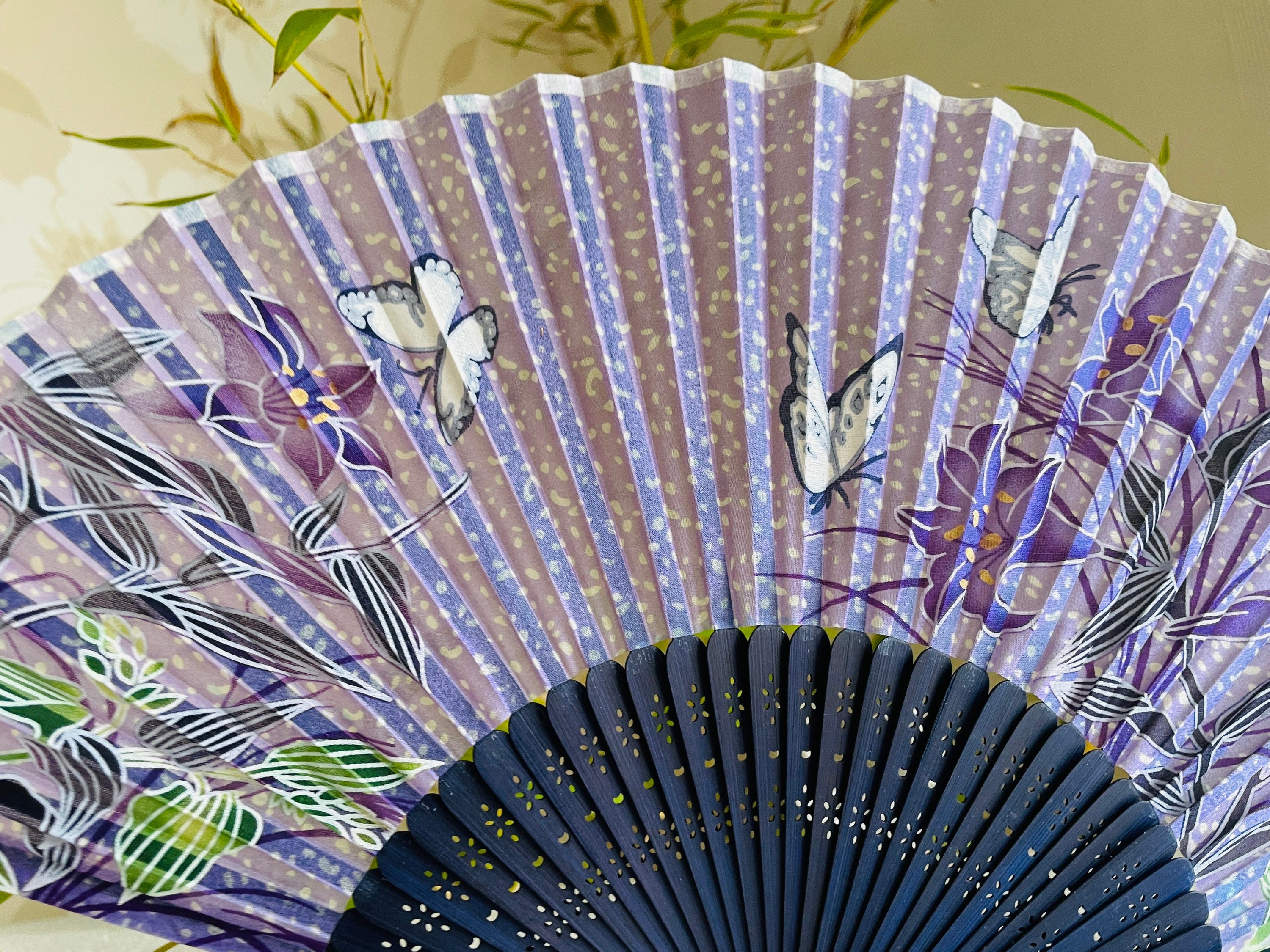 Purple Silk Hand Fan: Bamboo Ribs, Butterfly & Flower Print - Etsy