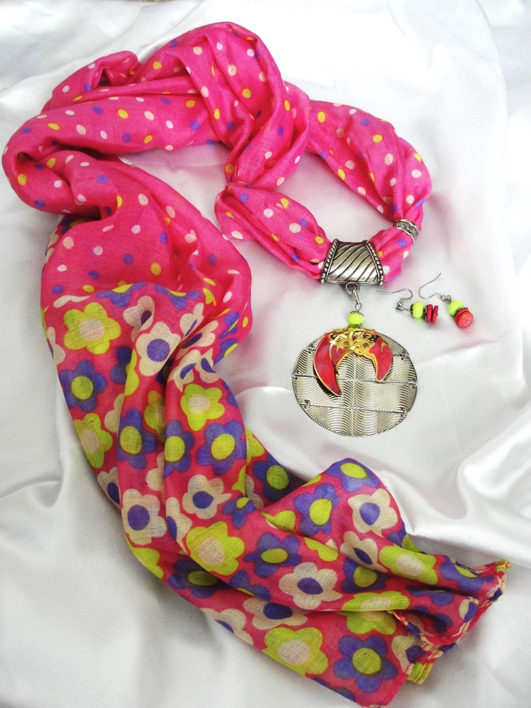 Pink Floral Scarf With Removeable Pendant and Earrings - Etsy