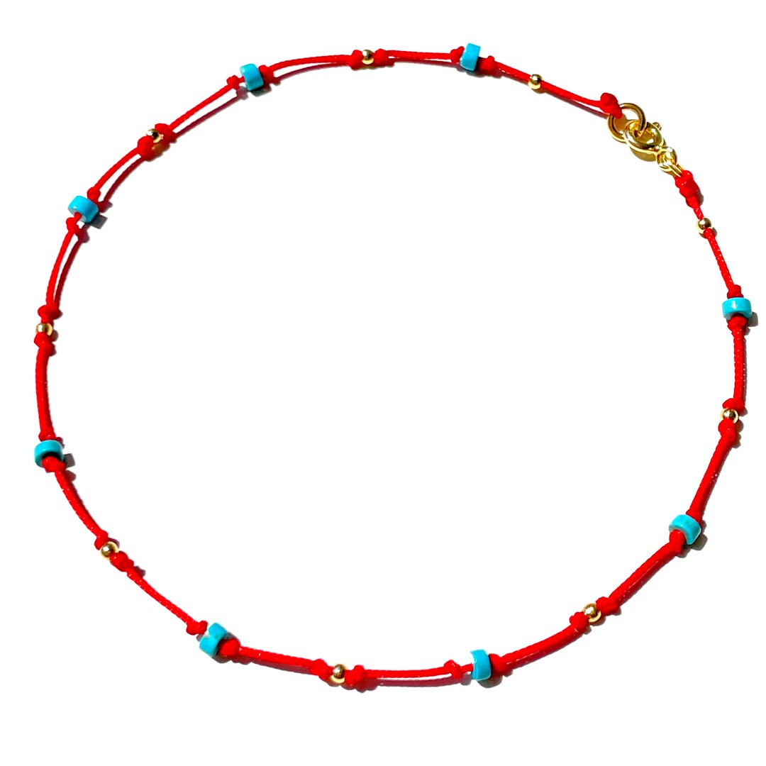 Red String Anklet Bracelet With Turquoise Stones and Gold-filled Beads ...
