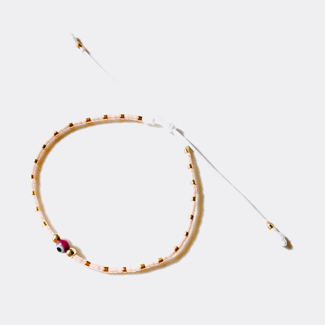 Seed Beads Evil Eye Linen White Golden Miyuki Beads With Purple Ojo ...