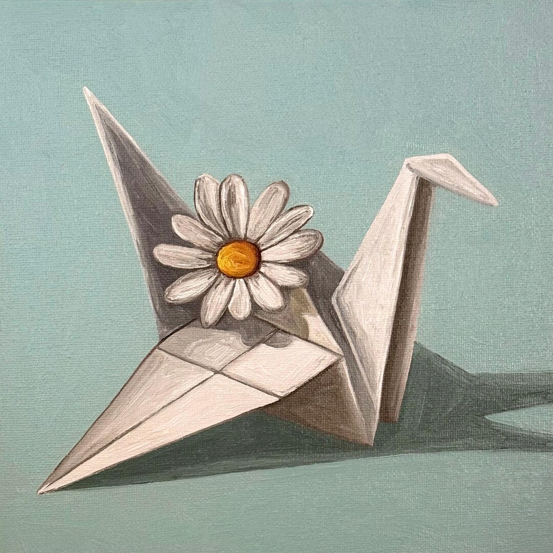 Origami Crane on Mint Green, Original Oil Painting, Daisy Painting ...