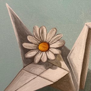 Origami Crane on Mint Green, Original Oil Painting, Daisy Painting ...