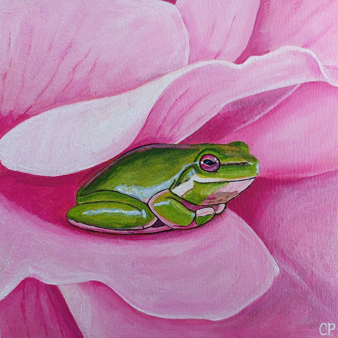 Green Frog Painting, Frog on a Pink Flower Painting, Original Animal ...
