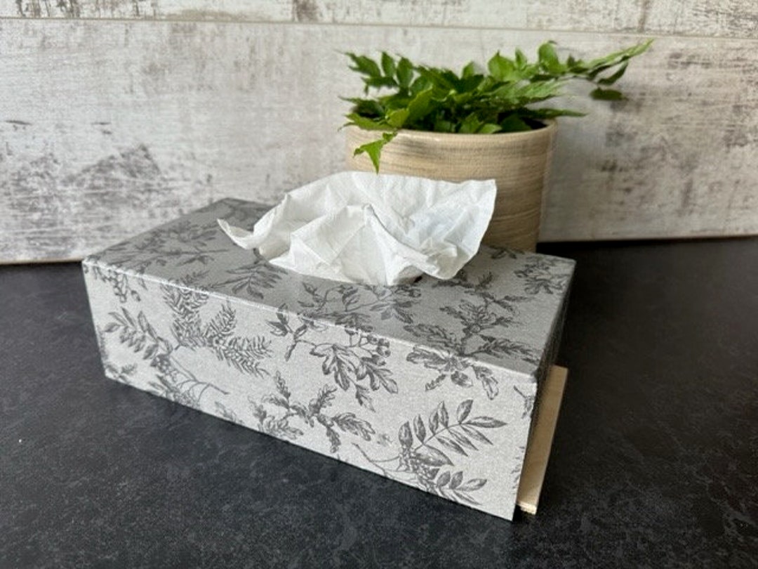 Tissue Box Cover Silver Grey With Leaves Long - Etsy UK