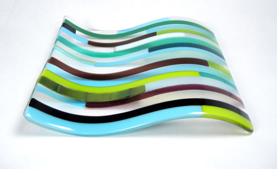 Blue and Green Striped Wavy Glass Plate - Etsy