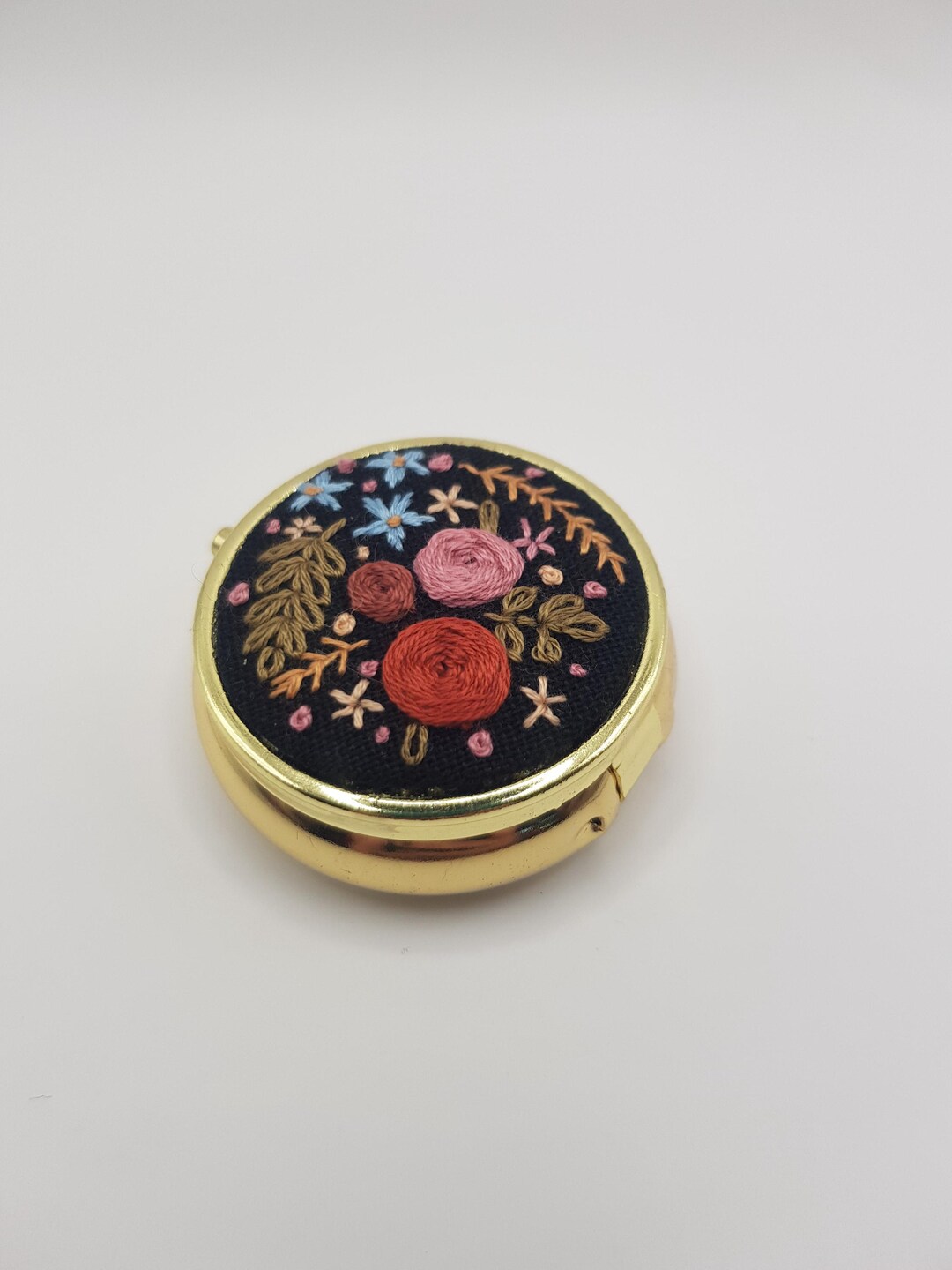 Hand Embroidered Floral Pill Box – Vintage Rose Medicine Case – Gold ...